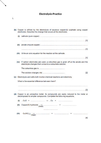 Electrolysis worksheet | Teaching Resources