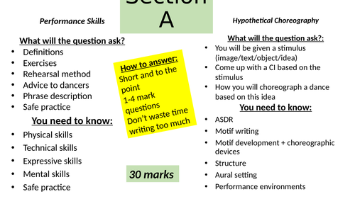 Dance revision C2 exam tips structure section A B and C compare ...