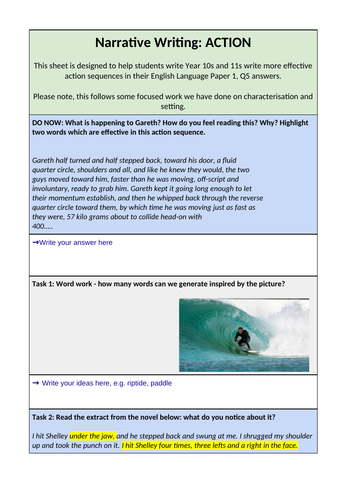 Narrative Action Practice -- For English Language AQA Creative Writing ...