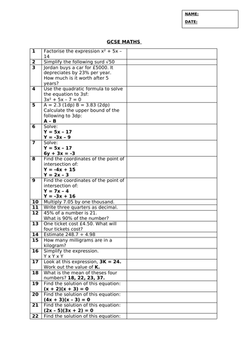 GCSE MATHS QUESTIONS WORKSHEET | Teaching Resources GCSE MATHS QUESTIONS WORKSHEET | Teaching Resources