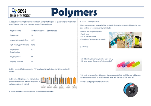 Polymer question sheet - GCSE Design & Technology | Teaching Resources