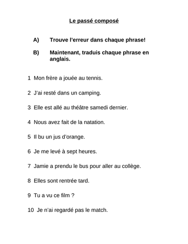 GCSE French Perfect Tense - Find the errors | Teaching Resources
