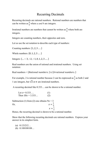 Recurring Decimals - Rational Numbers | Teaching Resources