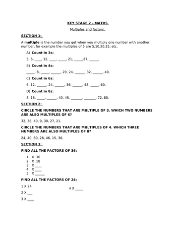 KEY STAGE 2 MATHS - MULTIPES AND FACTORS | Teaching Resources