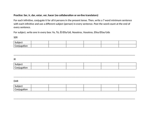 Worksheet dar ir ser estar ver hacer | Teaching Resources