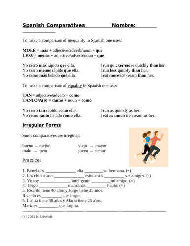 Spanish Comparatives and Superlatives Handout + Worksheet (comparativos ...