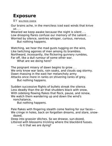 AQA worksheet on Exposure Wilfred Owen poetry English LITERATURE | Teaching Resources