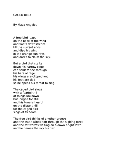 iGCSE MAYA ANGELOU CAGED BIRD Assessment worksheet/ homework sheet ...