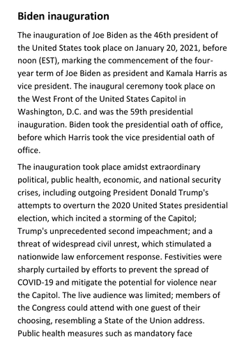 Joe Biden inauguration Handout | Teaching Resources
