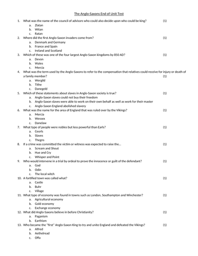 Anglo Saxons end of unit Test | Teaching Resources