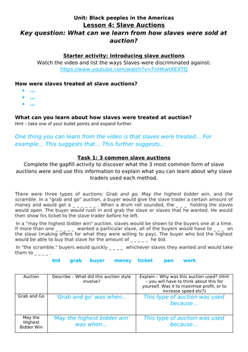 Slave Auctions Home Learning worksheet | Teaching Resources