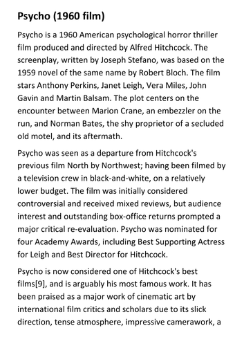 Psycho (1960 film) Handout | Teaching Resources