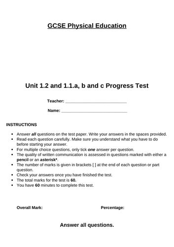 GCSE PE Progress Test | Teaching Resources