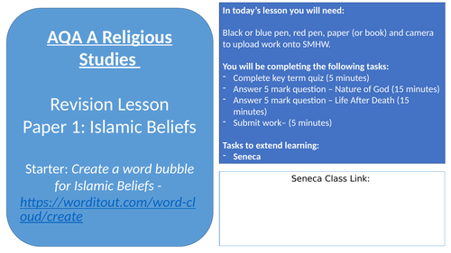 Islamic Beliefs Revision AQA - 5 Mark Questions | Teaching Resources