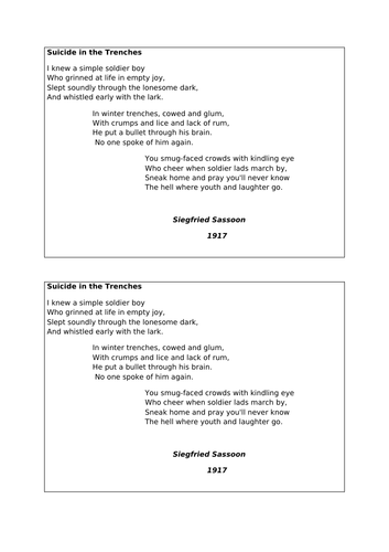 Suicide in the Trenches - Siegfried Sassoon | Teaching Resources Suicide in the Trenches - Siegfried Sassoon | Teaching Resources