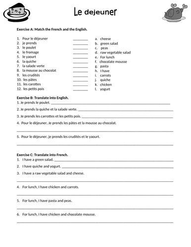French food worksheet (meals - lunch) | Teaching Resources