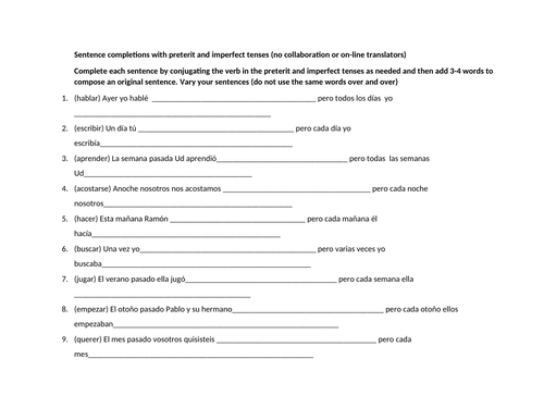 Imperfect preterit original sentence completions | Teaching Resources