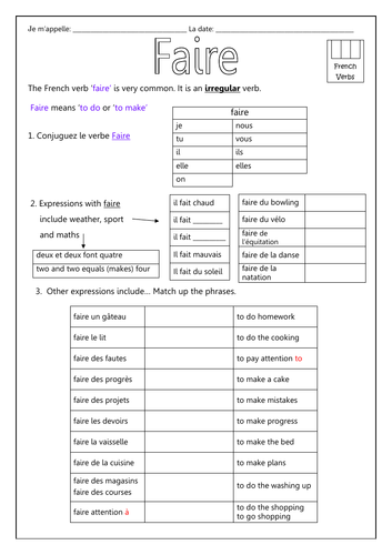 FRENCH - VERBS - FAIRE (introduction) | Teaching Resources