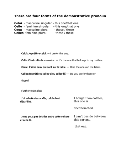 AQA WJEC A level French grammar lesson sheet celui, celle, ceux, celles ...