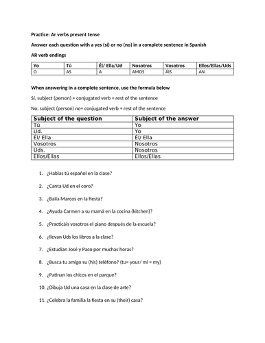 AR verbs personal questions | Teaching Resources