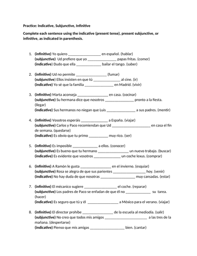 Indicative subunctive v infinitive worksheet | Teaching Resources