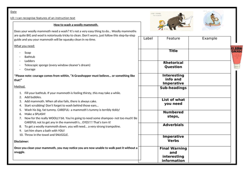 Recognise features of an instruction text: How to Wash a Woolly mammoth ...