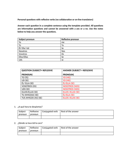 Reflexive verbs personal questions | Teaching Resources