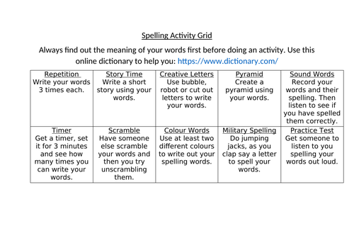 Spelling Activity Grid | Teaching Resources Spelling Activity Grid | Teaching Resources