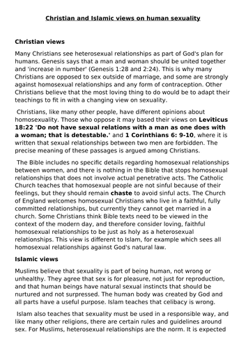 Aqa 9 1 Rs Families And Relationships Unit Human Sexuality Teaching