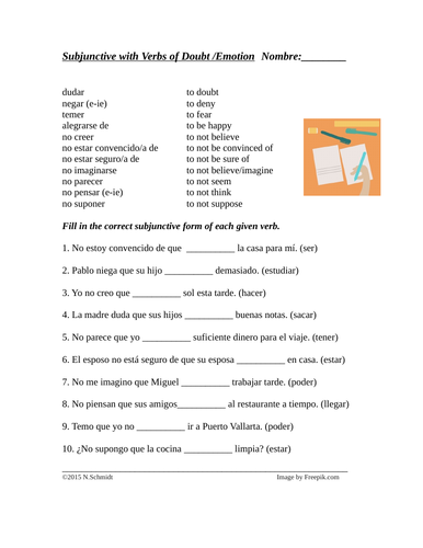 Spanish Present Subjunctive Worksheet - Verbs of Doubt and Emotion ...
