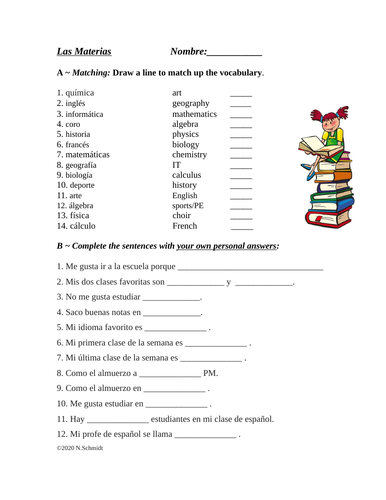 Spanish School Subjects Vocabulary Worksheet: Materias / Asignaturas 1 ...