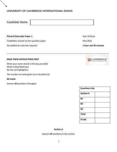 Igcse Pe Mock Test Paper Teaching Resources