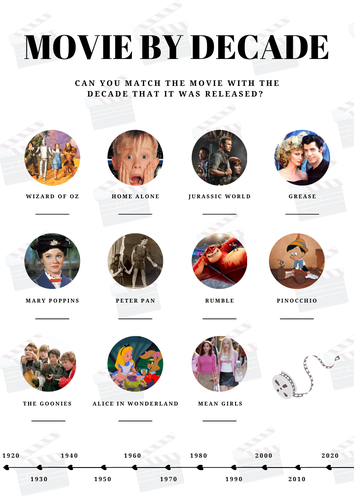 Films / Movies By Decade 1920s - 2020s Quiz Sheet and Answers - Lesson ...