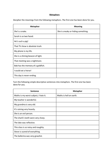 Metaphor worksheet | Teaching Resources