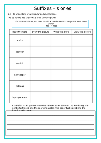 Differentiated suffix 's' and 'es' worksheets | Teaching Resources