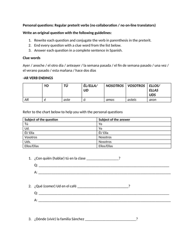 Regular preterit personal questions | Teaching Resources