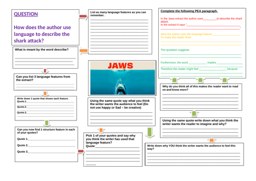 Language Paper 1 Q2 Jaws Worksheet Low Ability | Teaching Resources