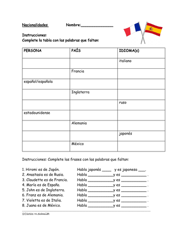 Spanish Nationalities/Countries Worksheet: Nacionalidades, Países e ...