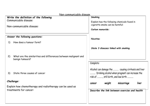 Non-communicable disease KS4 worksheet | Teaching Resources