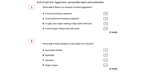AQA GCSE PE End of unit test. Aggression, personality and motivation ...