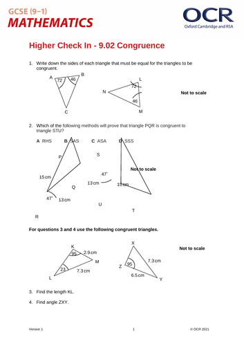 OCR Maths: Higher GCSE - Check In Test 9.02 Congruence | Teaching Resources OCR Maths: Higher GCSE - Check In Test 9.02 Congruence | Teaching Resources