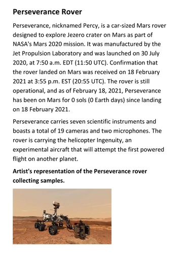 Perseverance Rover Handout | Teaching Resources