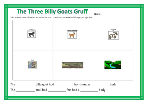 Three Billy Goats Gruff adjectives activity | Teaching Resources