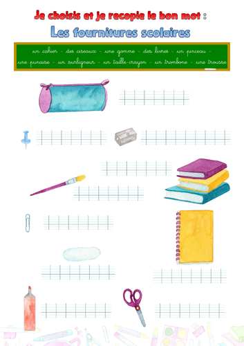 Handwriting (French): School supplies (les fournitures scolaires ...