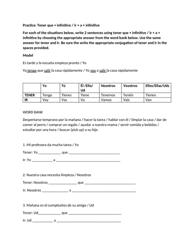 Worksheet tener que and ir a infinitive | Teaching Resources