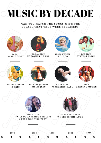 Music / Songs By Decade 1970s - 2010s. Quiz Sheet and Answers - Lesson ...