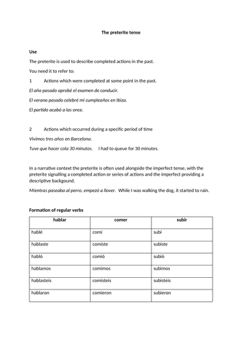 The Preterite Tense Teaching Resources