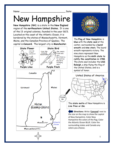 NEW HAMPSHIRE - Introductory Geography Worksheet | Teaching Resources