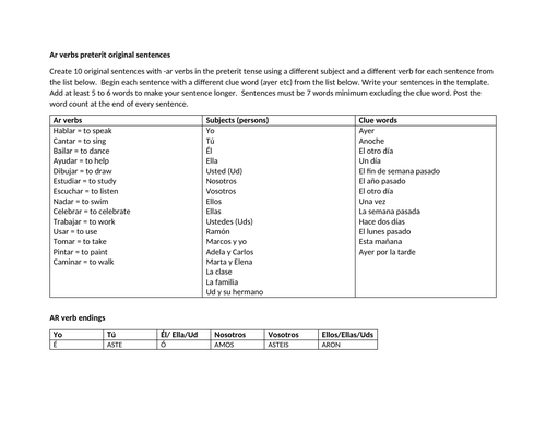 Ar verbs preterit original sentences | Teaching Resources