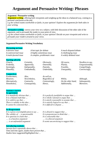 Argument and Persuasive Writing Word/Phrase Bank | Teaching Resources
